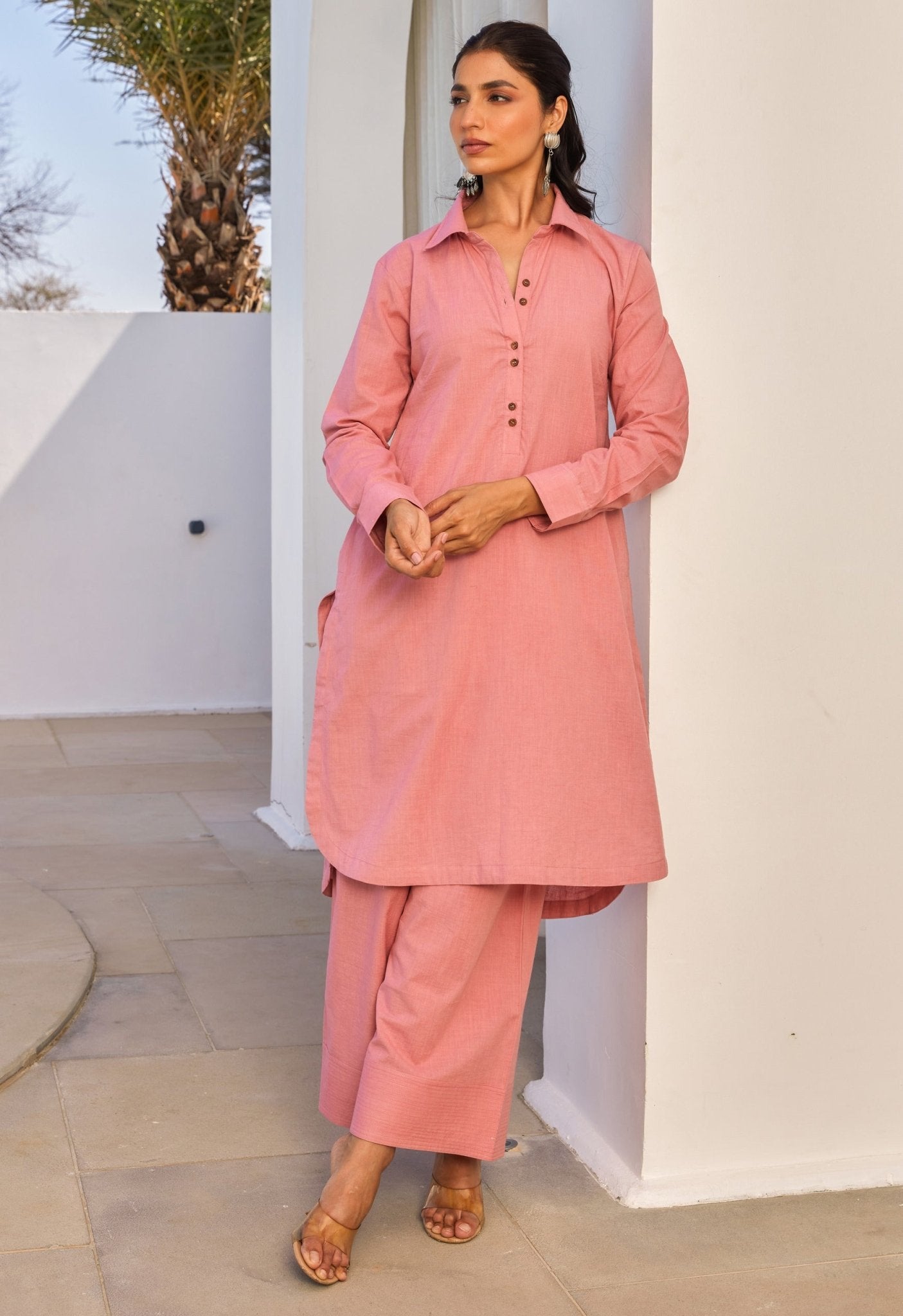 Coral Cotton Slub Solid Coord Set