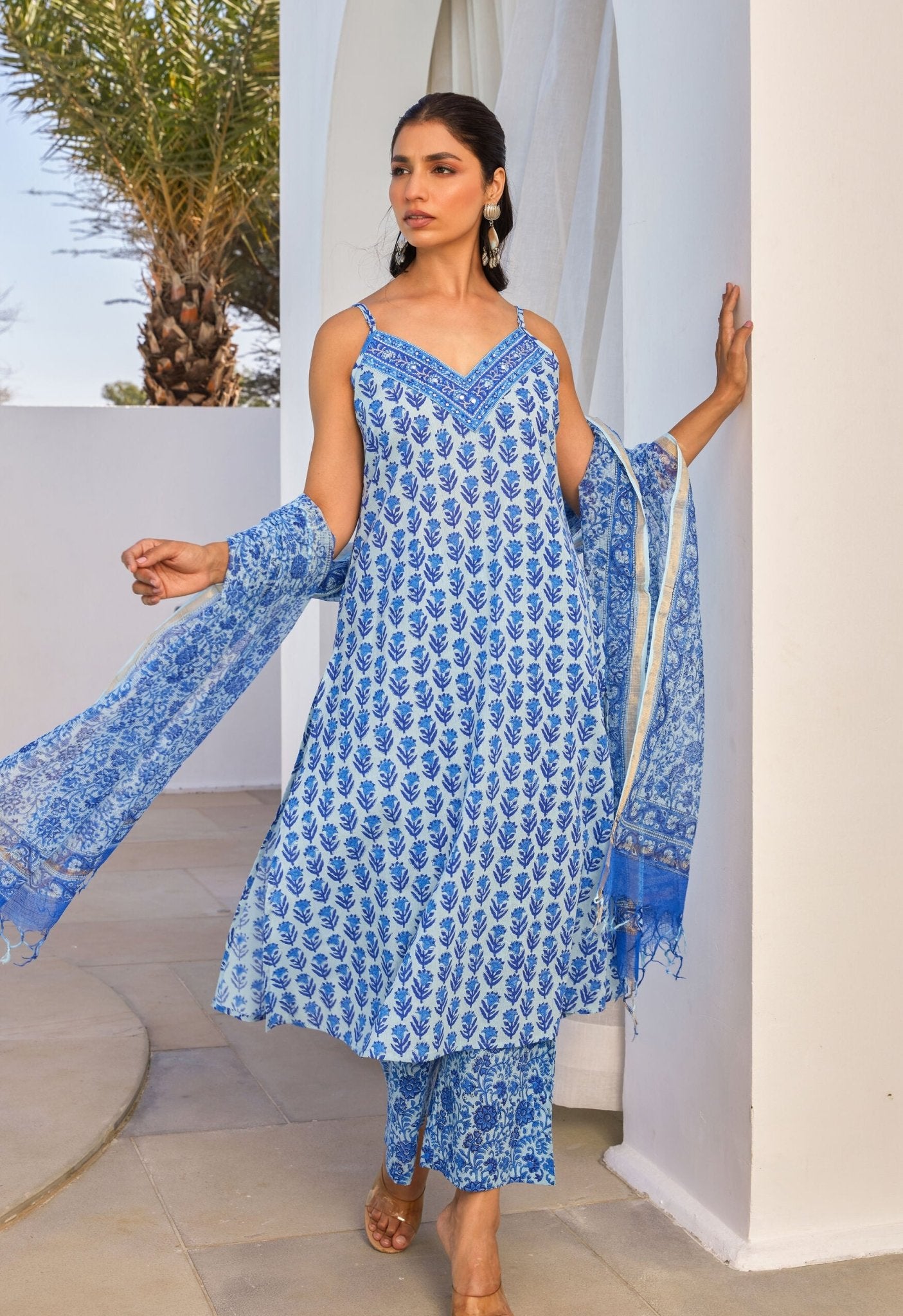 Cotton Hand Block Printed Strappy Kurta Set With Dupatta