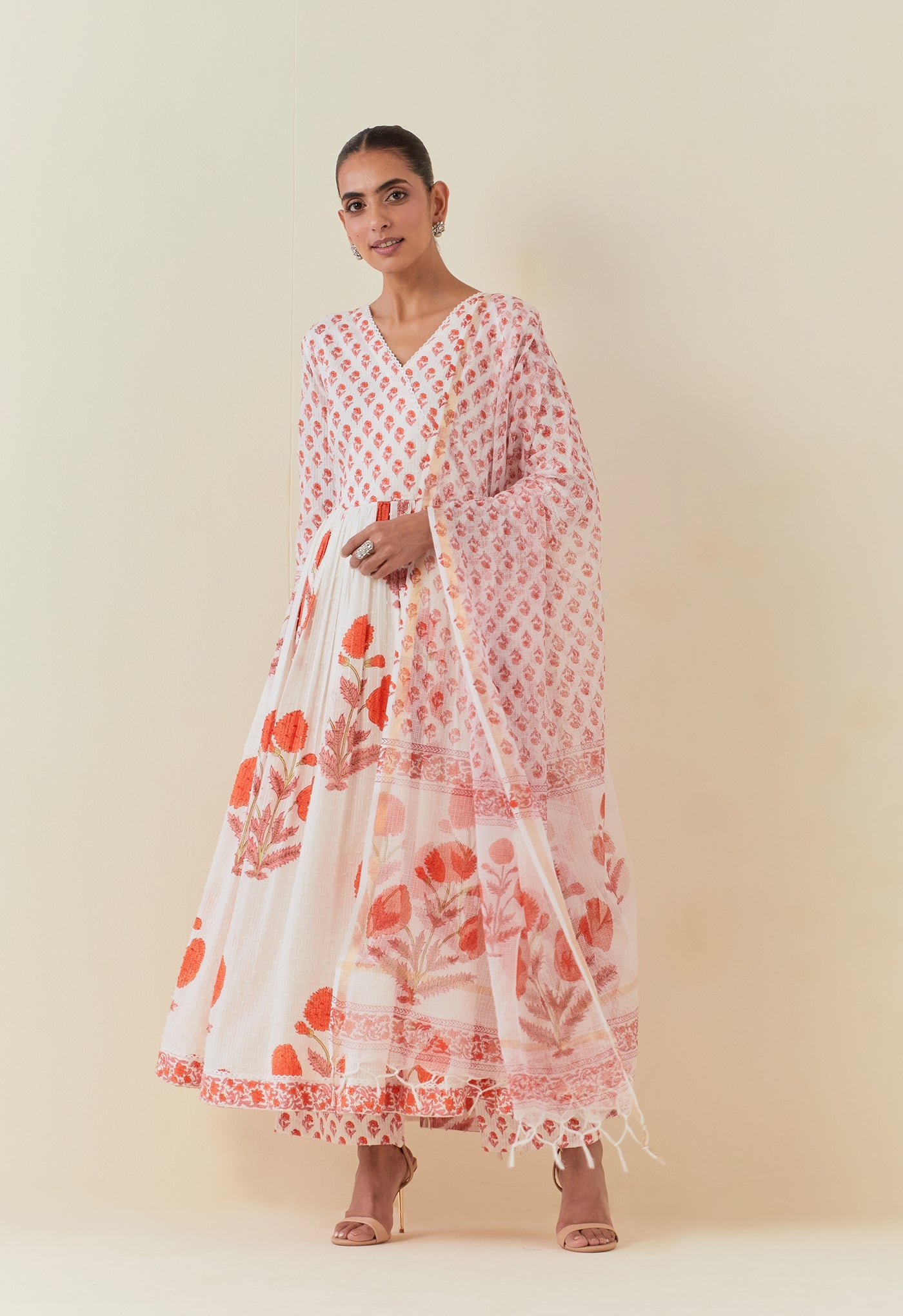 FLORAL HAND BLOCK PRINTED ANARKALI WITH DORIYA DUPATTA AND BOTTOMS