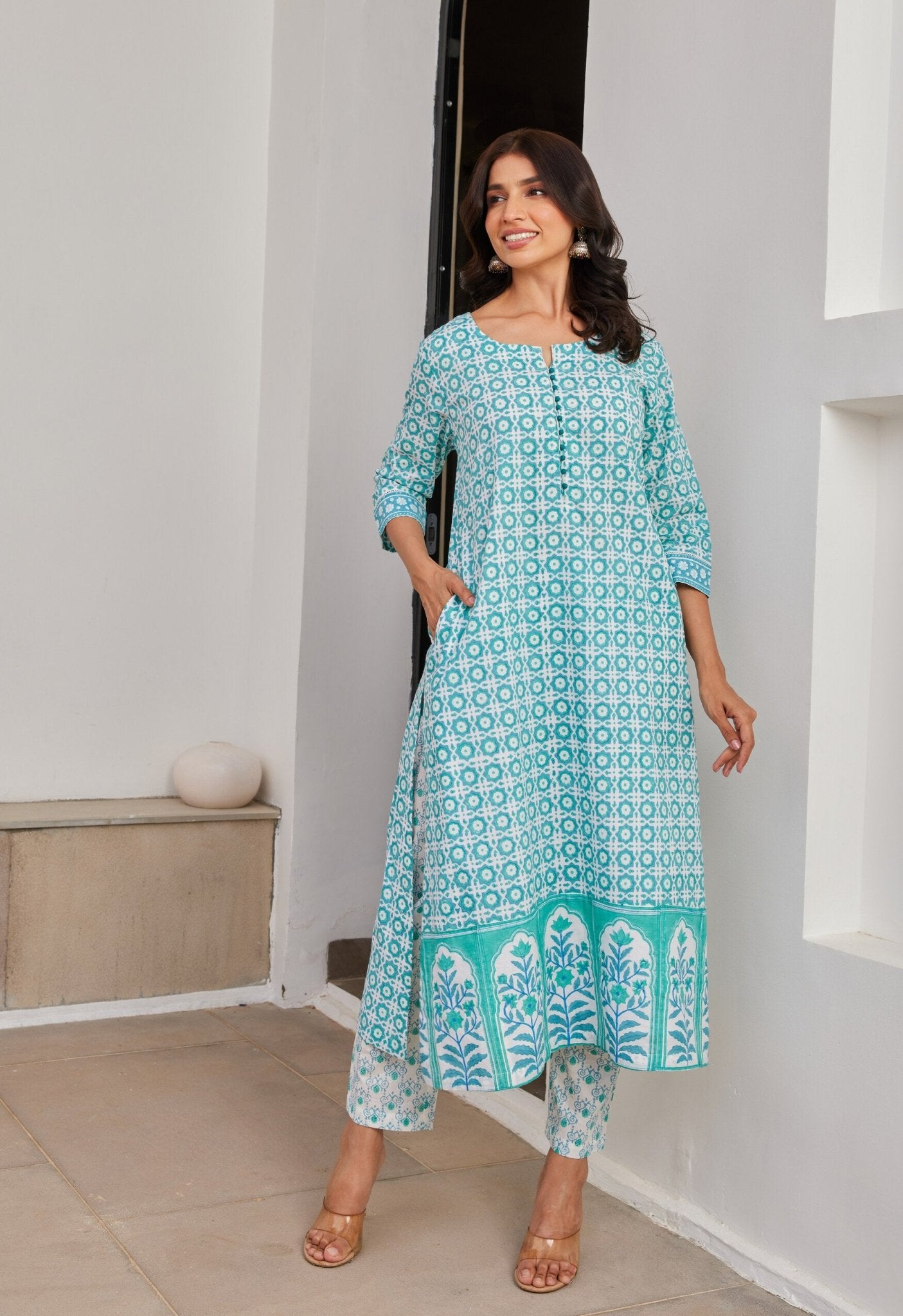 Green Abstract Hand Block Printed Kurta Set with Dupatta