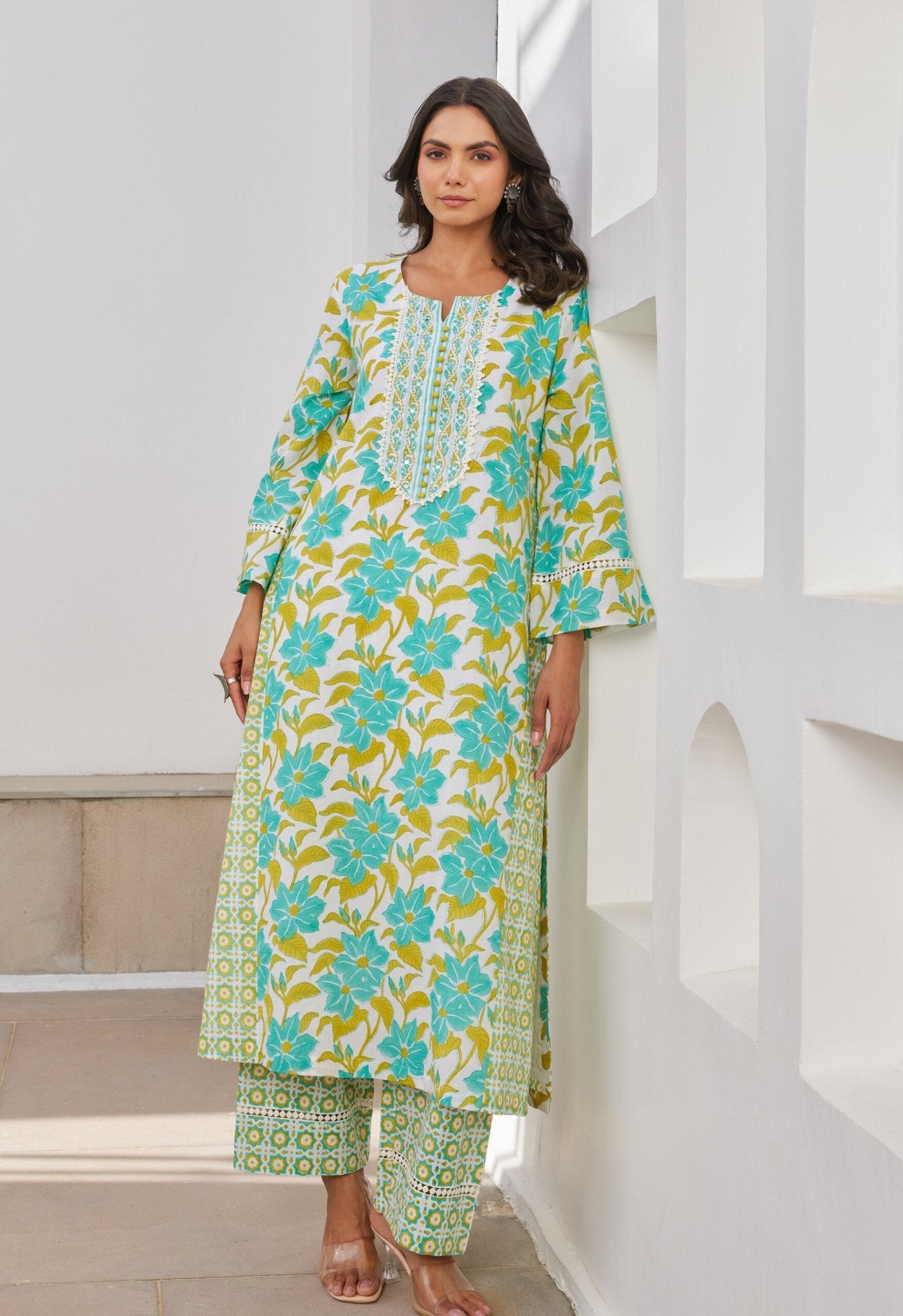 Green Floral Hand Block Printed Kurta Set With Dupatta