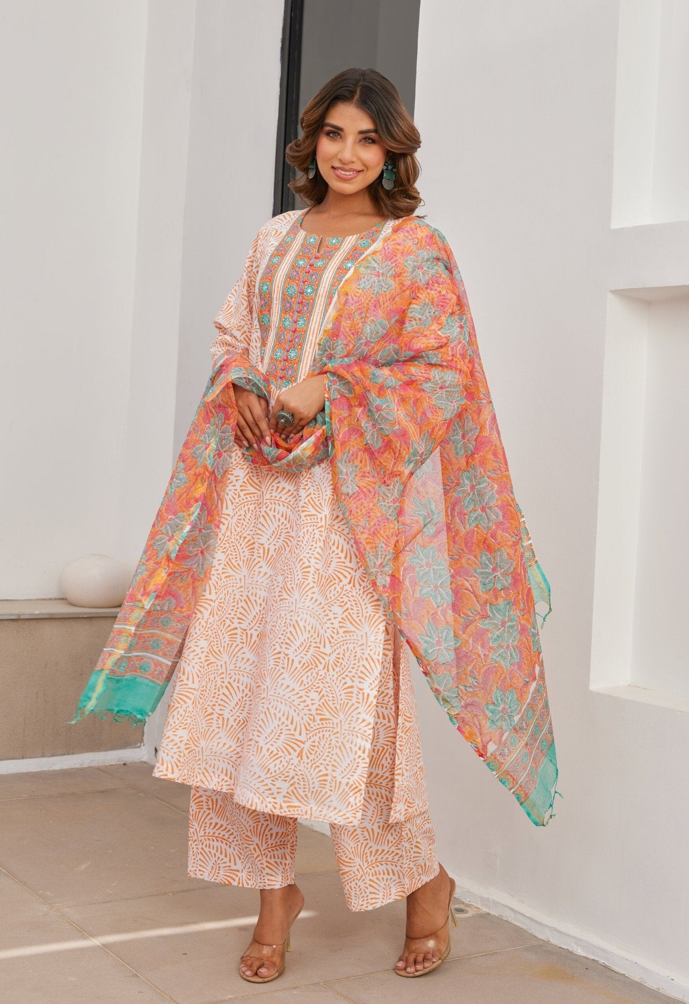 Orange Cotton hand block Printed Kurta Set With Dupatta