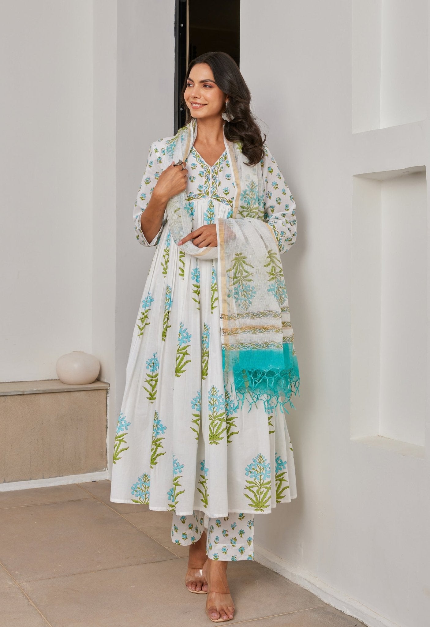 White Cotton Hand Block Printed Kurta Set With Dupatta