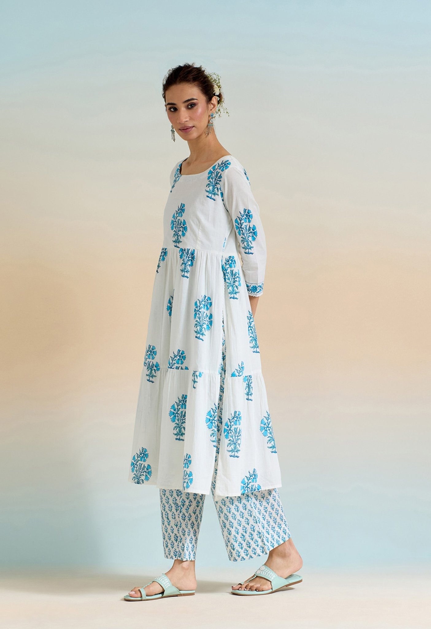 WHITE HAND BLOCK PRINTED KURTA SET WITH DORIYA DUPATTA
