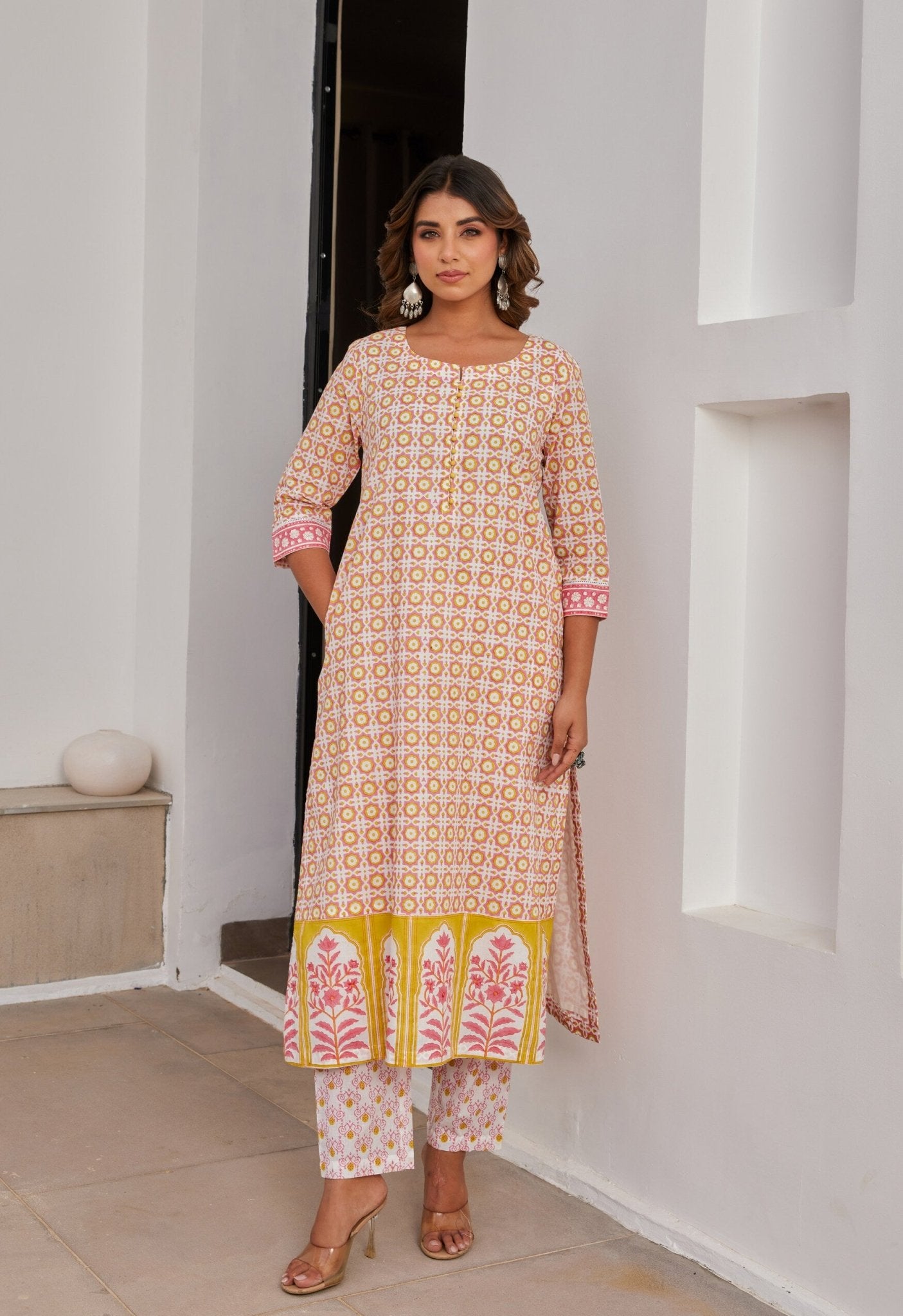 Yellow Abstract Hand Block Printed Kurta Set with Dupatta