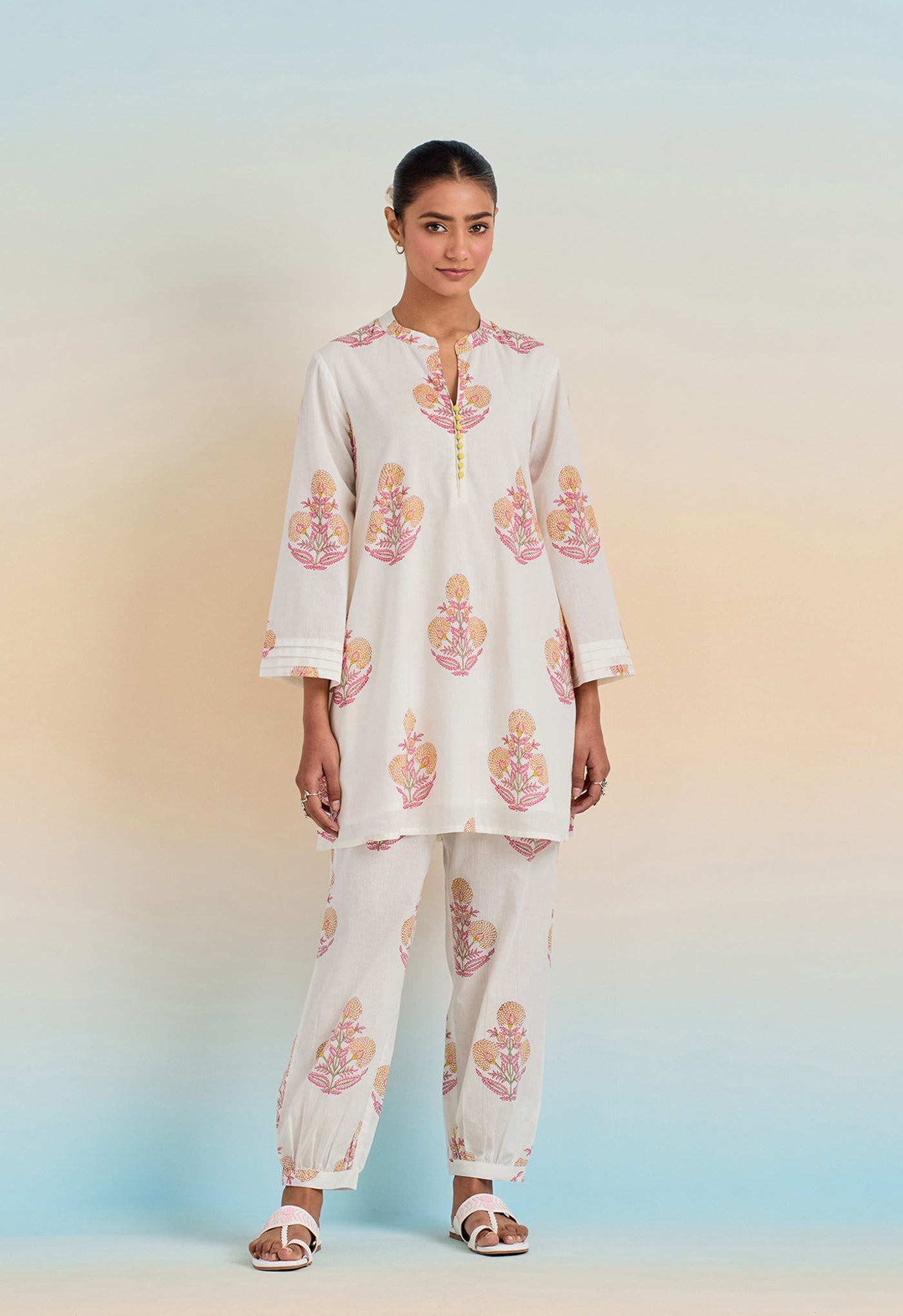 YELLOW AND PINK HAND BLOCK PRINTED COORD SET