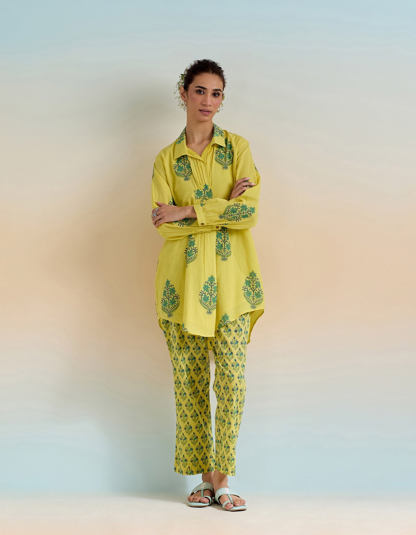 YELLOW GREEN FLORAL HAND BLOCK PRINTED COORD SET