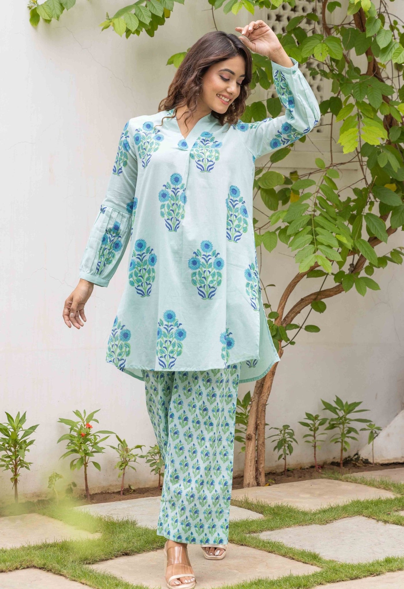 Aqua Blue Floral Boota and Buti Hand block printed Co-ord Set