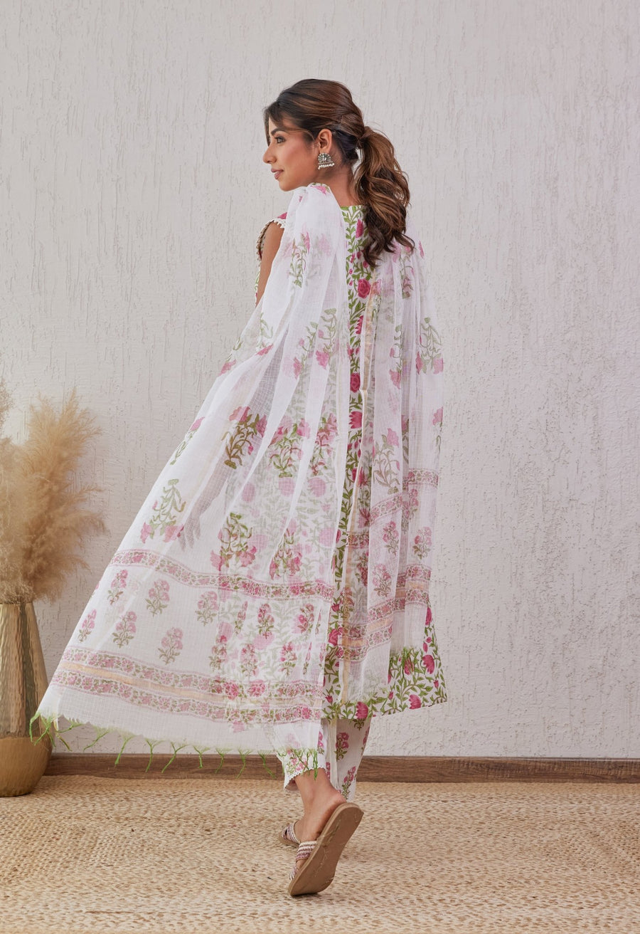 White Hand Block Printed Kurta set With Doriya Dupatta